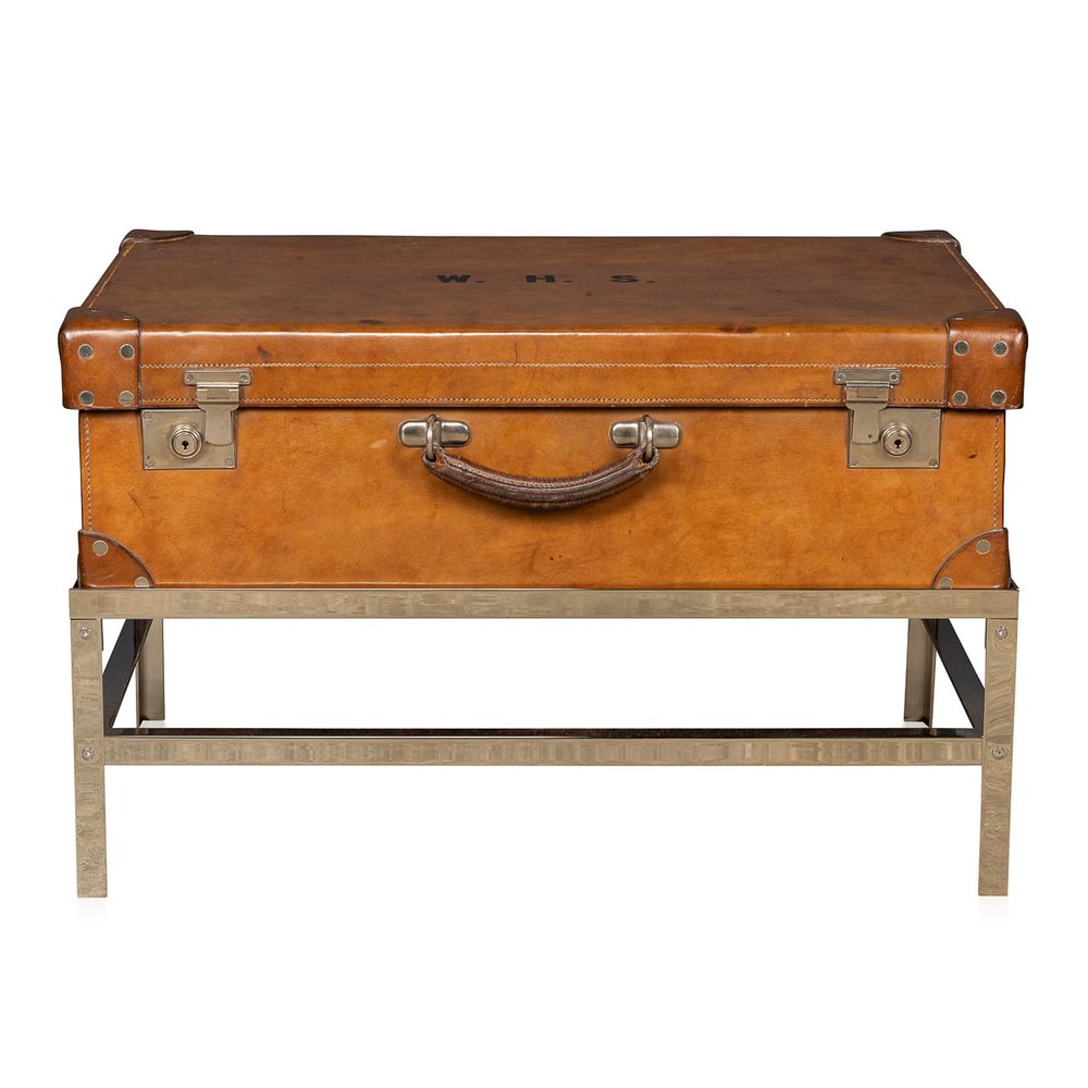 English Leather Trunk on Metal Stand, 1910s for sale at Pamono