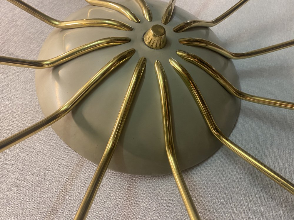 Sputnik Spider Ufo Chandelier in Opal Glass & Brass with 12 Arms, 1950s ...