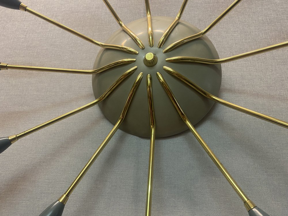 Sputnik Spider Ufo Chandelier in Opal Glass & Brass with 12 Arms, 1950s ...