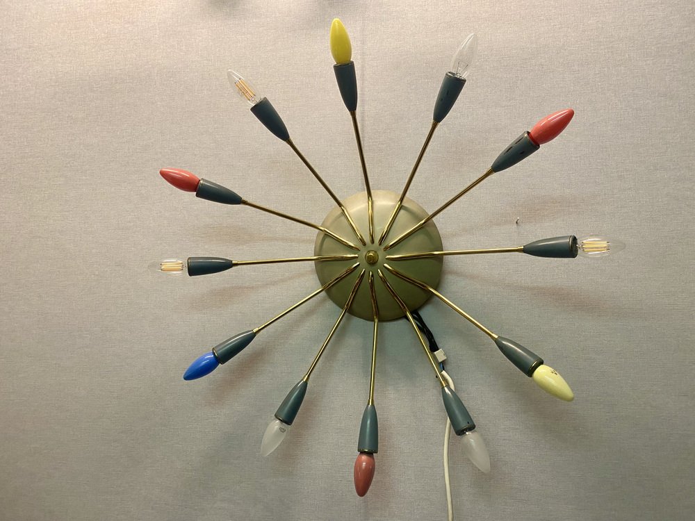 Sputnik Spider Ufo Chandelier in Opal Glass & Brass with 12 Arms, 1950s ...