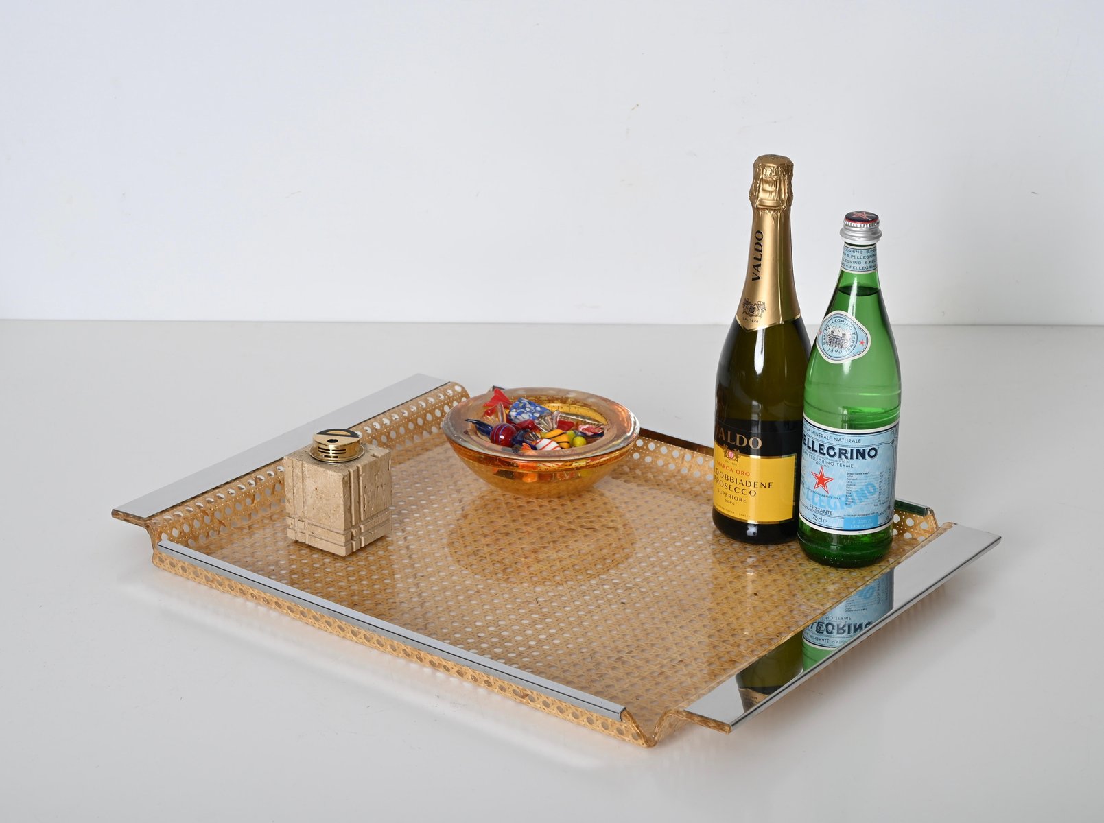 Mid-Century Acrylic Chrome and Vienna Straw Serving Tray from Christian ...