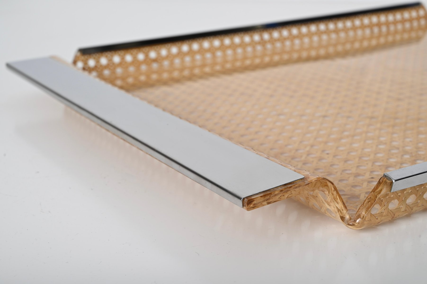 Mid-Century Acrylic Chrome and Vienna Straw Serving Tray from Christian ...