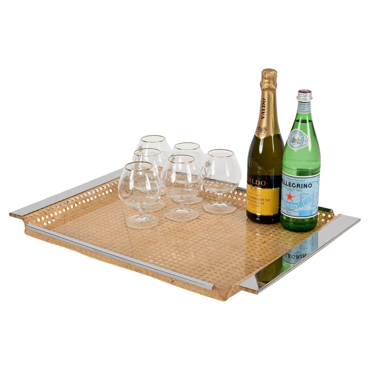 Mid-Century Acrylic Chrome and Vienna Straw Serving Tray from Christian ...