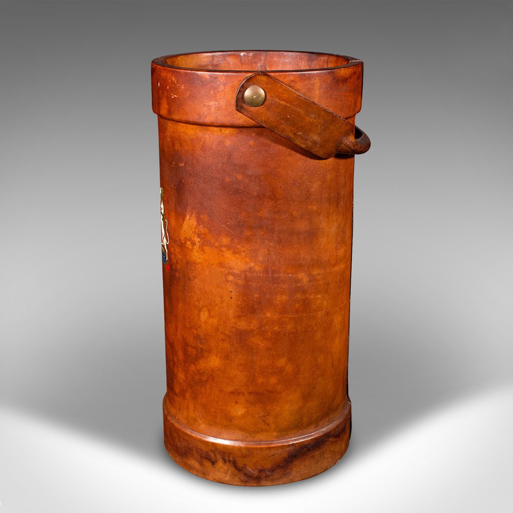 Tall Vintage English Umbrella Stand in Leather, 1930s for sale at Pamono