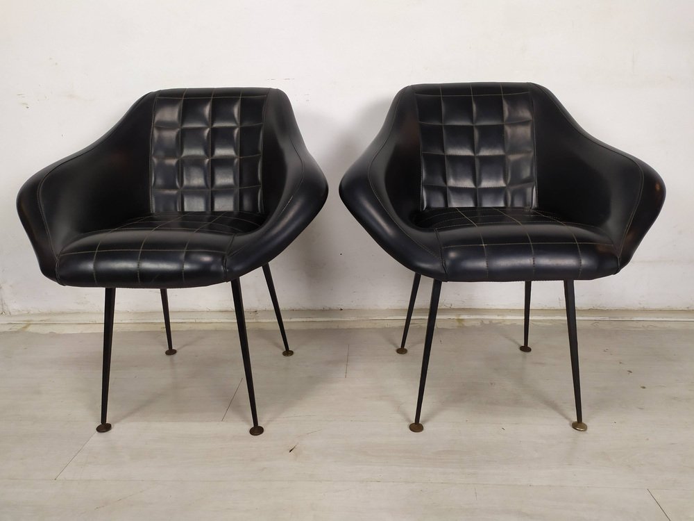 Set of Vintage Black Skai Armchairs, 1960s for sale at Pamono