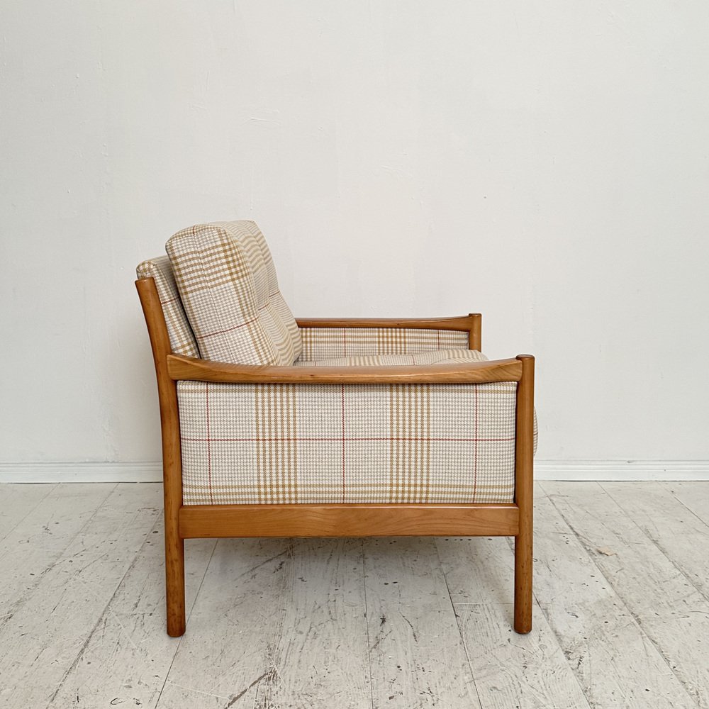 Mid-Century Scandinavian Armchair in Cherry Wood and Checked Fabric ...