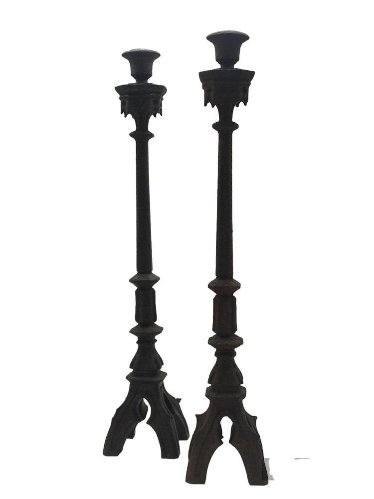 Neo-Gothic Iron Altar Candlesticks, 1900, Set of 2 for sale at Pamono
