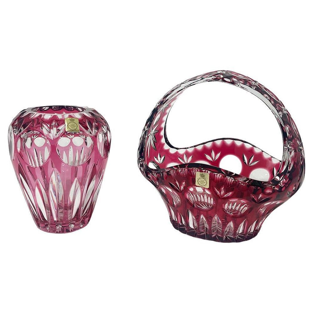 German Crystal Vase and Basket, 1960s, Set of 2 for sale at Pamono