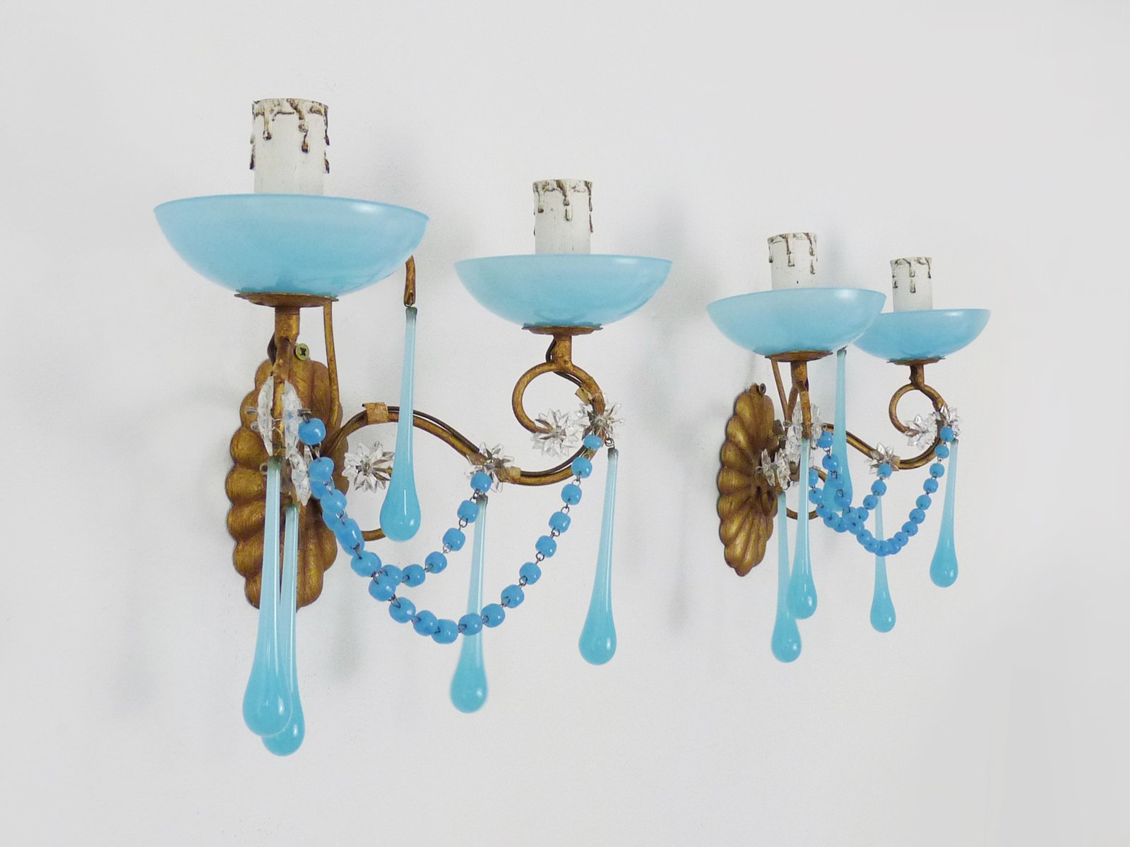 3-light Wall Sconces with Blue Opaline Drops and Transparent Stars ...