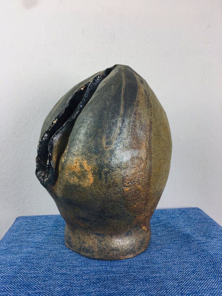 Vintage Abstract Black Glazed Ceramic Vase, 1970s for sale at Pamono
