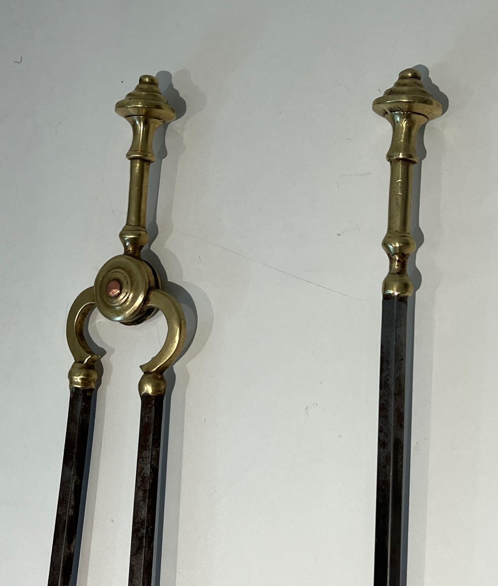 Brass and Brushed Steel Fireplace Tools with Stand attributed to the ...
