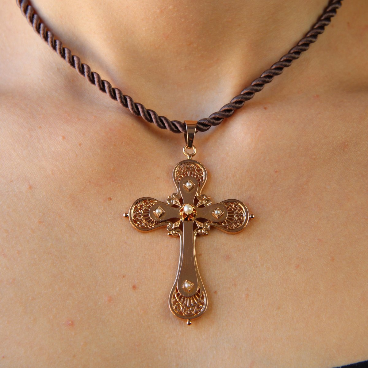 Large French 18 Karat Rose Gold Cross with Fine Pearls, 20th Century ...