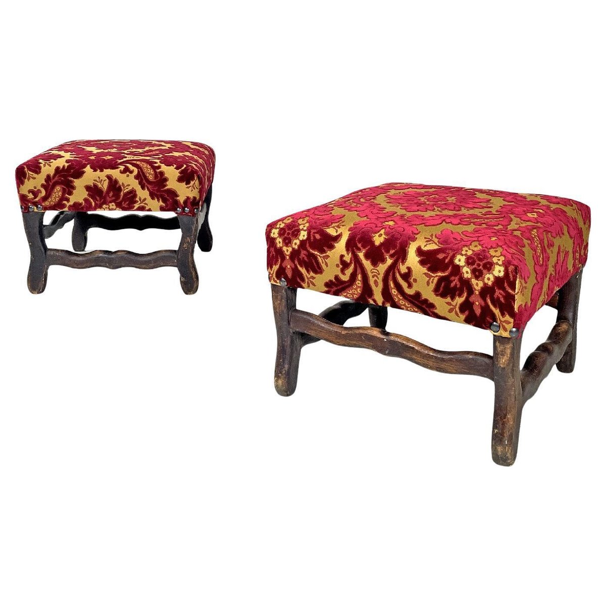 Set of Antique French Poufs in Wood with Yellow and Dark Red Damask ...