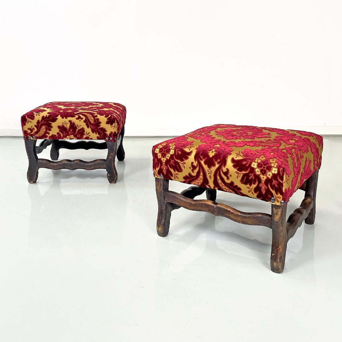 Set of Antique French Poufs in Wood with Yellow and Dark Red Damask ...