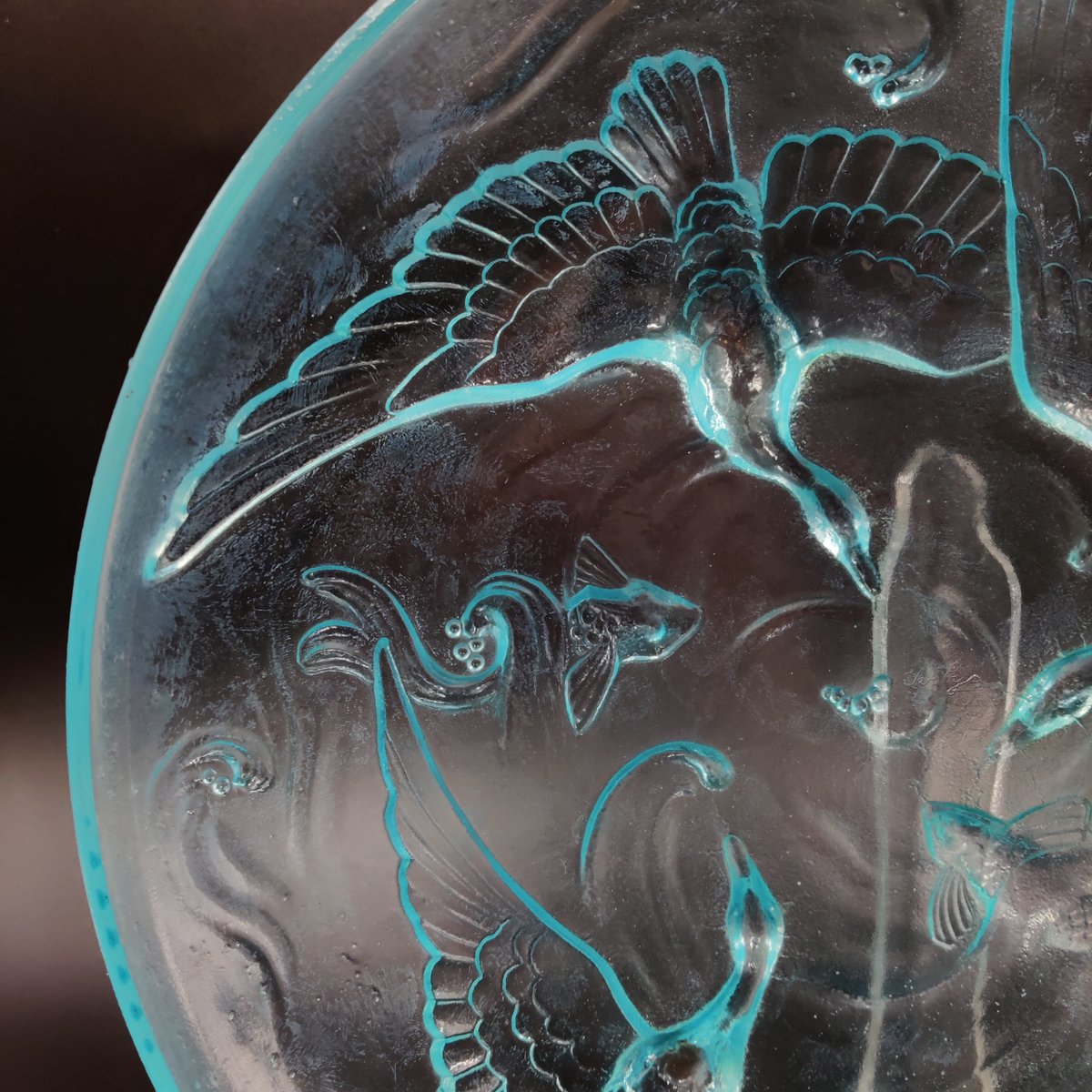 Art Deco Glass Bowl in a Aquablue Colour Representing Water Scene with Wild Geese, Waves and ...