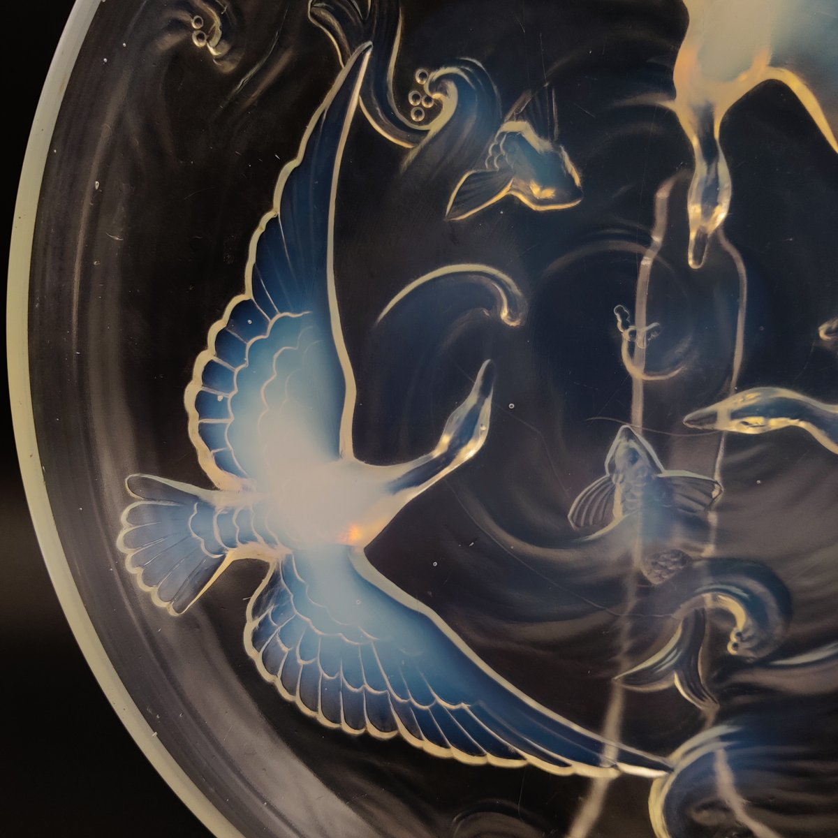 Art Deco Opalescent Glass Bowl with Wild Geese, Fish and Waves by ...