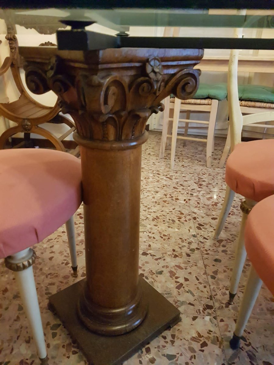 Glass Table with Antique Wooden Columns for sale at Pamono