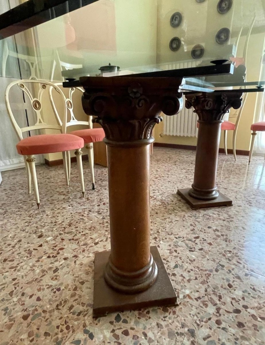Glass Table with Antique Wooden Columns for sale at Pamono