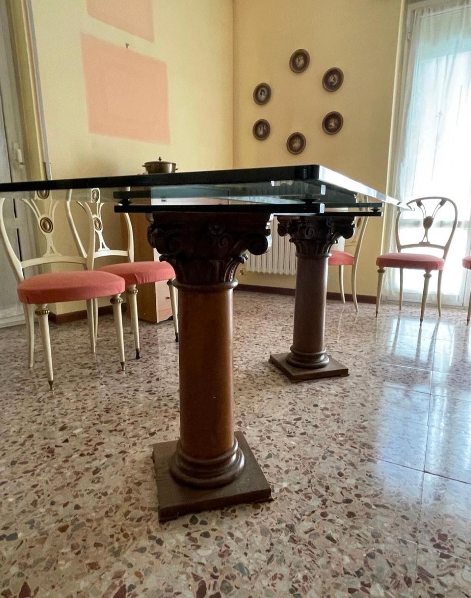 Glass Table with Antique Wooden Columns for sale at Pamono