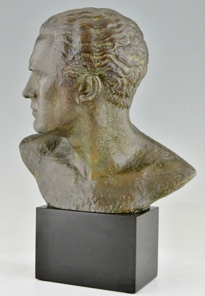 Art Deco Male Bust Sculpture of Aviator Jean Mermoz in Bronze & Marble ...