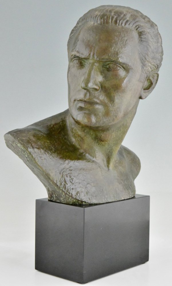 Art Deco Male Bust Sculpture of Aviator Jean Mermoz in Bronze & Marble ...