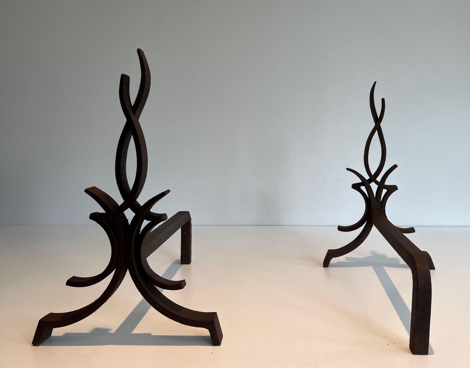 Wrought Iron Andirons by Raymond Subes, 1940s, Set of 2 for sale at Pamono