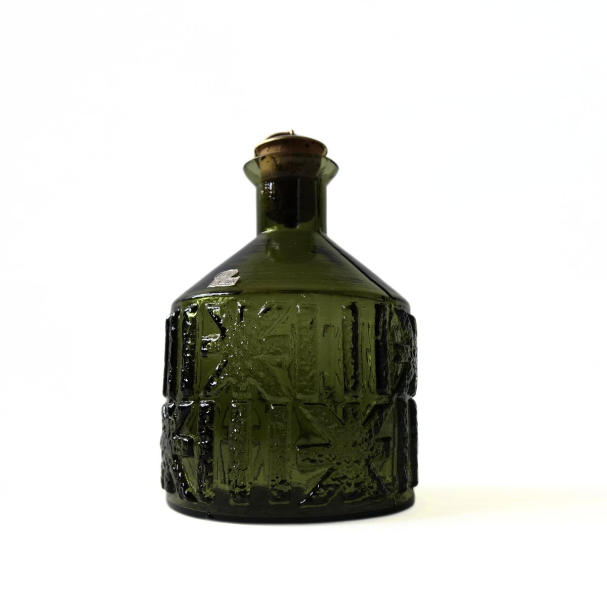 Grüne Vintage Glaskaraffe mit Kork & Messingdeckel von Skruf, Schweden ...