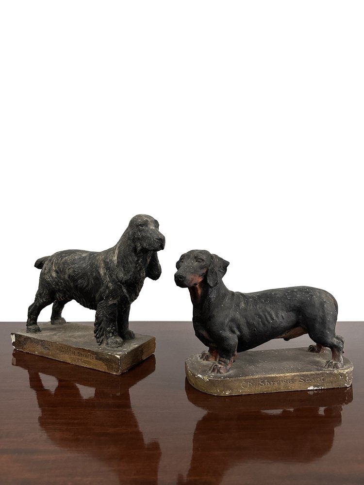 Scultura di cani vintage in gesso dipinto di Frederick Thomas Daws, set ...