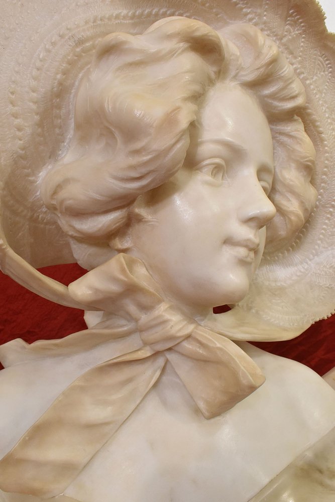 Galileo Pochini, Bust of Young Girl with Hat, 19th Century, Marble and ...