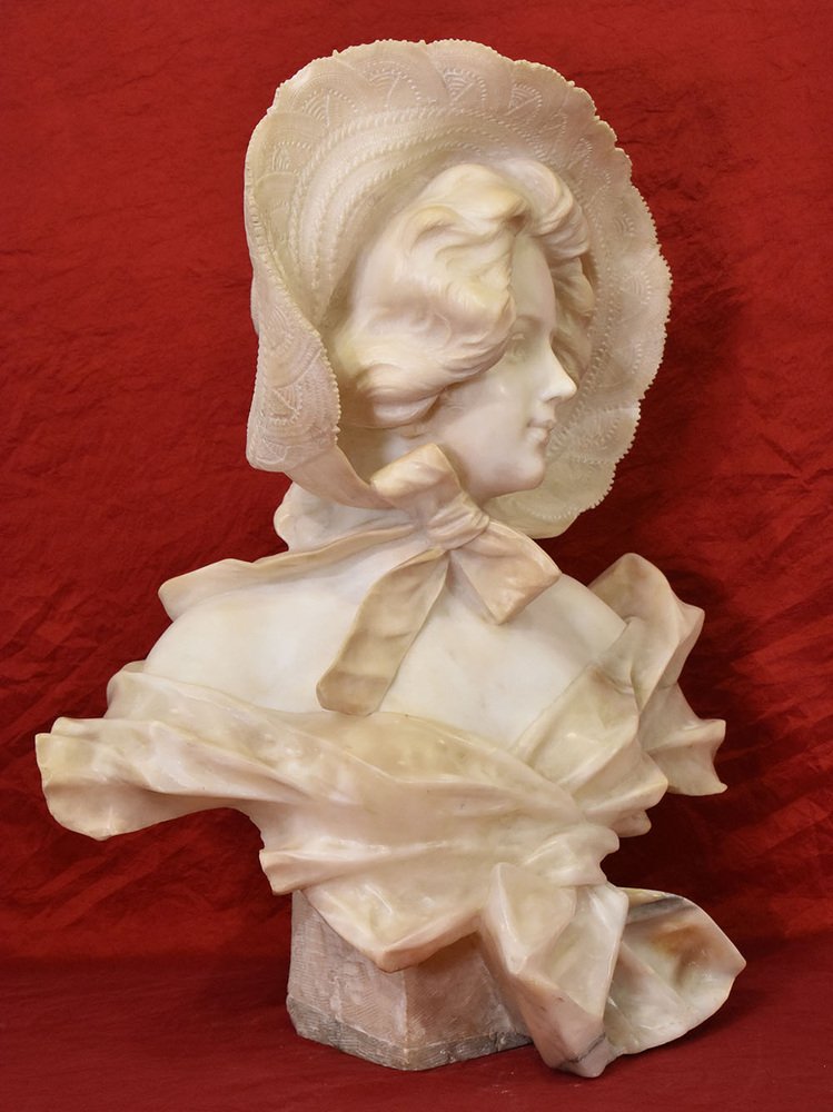 Galileo Pochini, Bust of Young Girl with Hat, 19th Century, Marble and ...