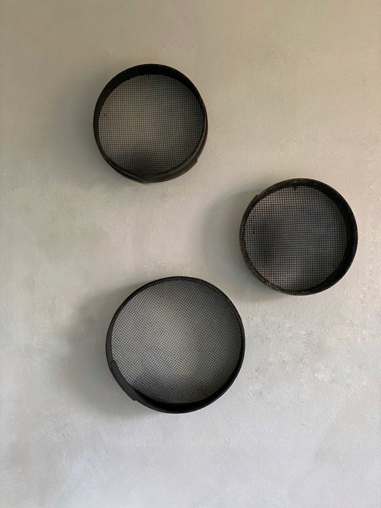 Italian Wooden and Black Metal Sieves, 1950s, Set of 3 for sale at Pamono
