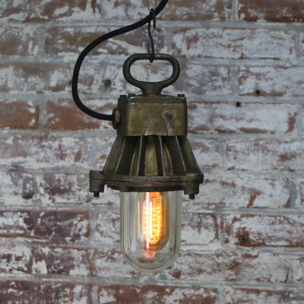 Vintage Industrial Cast Iron Clear Glass Pendant Lamp for sale at Pamono