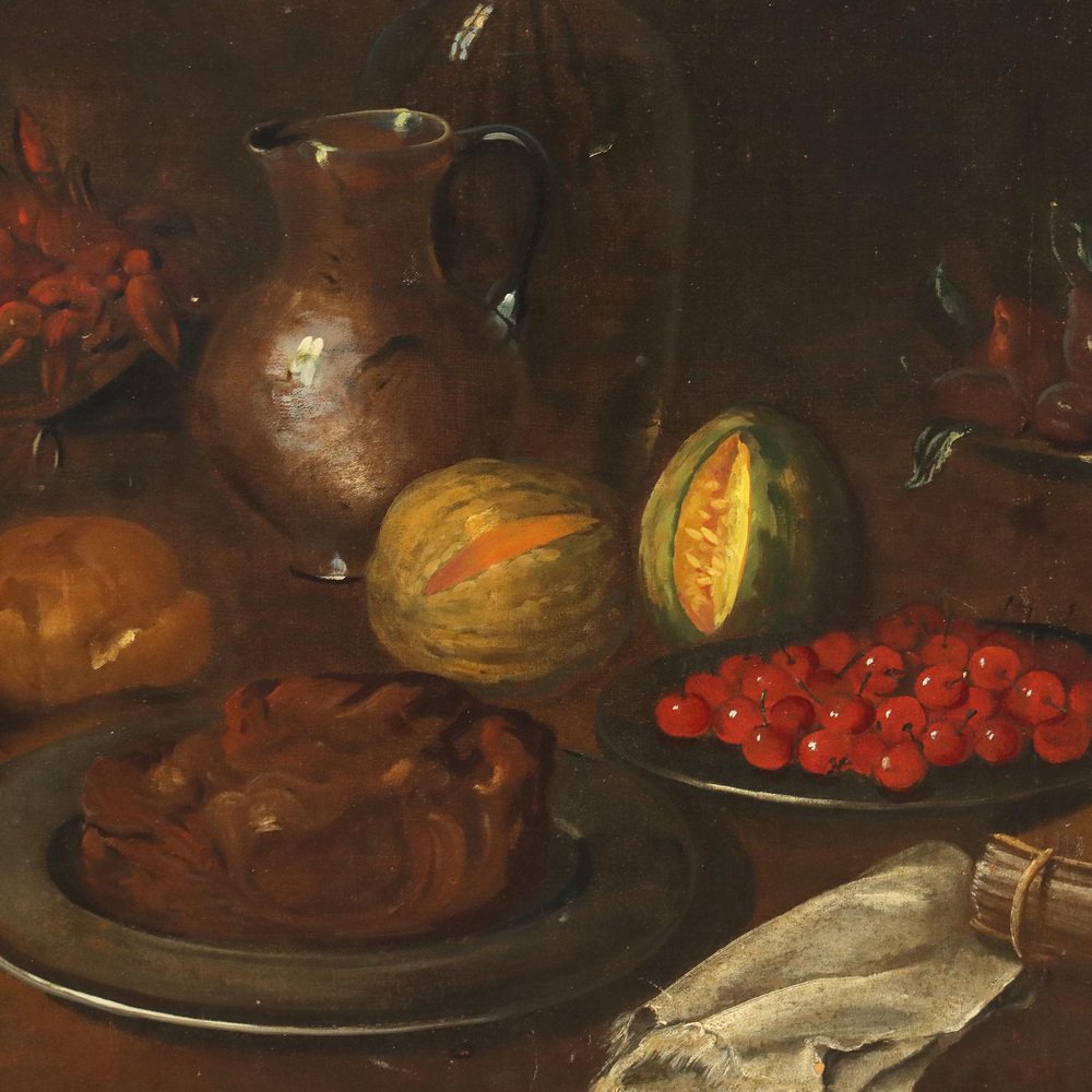 Italian Artist, Still Life with Fruit, Vegetables and Cat, 1600s, Oil on Canvas for sale at Pamono