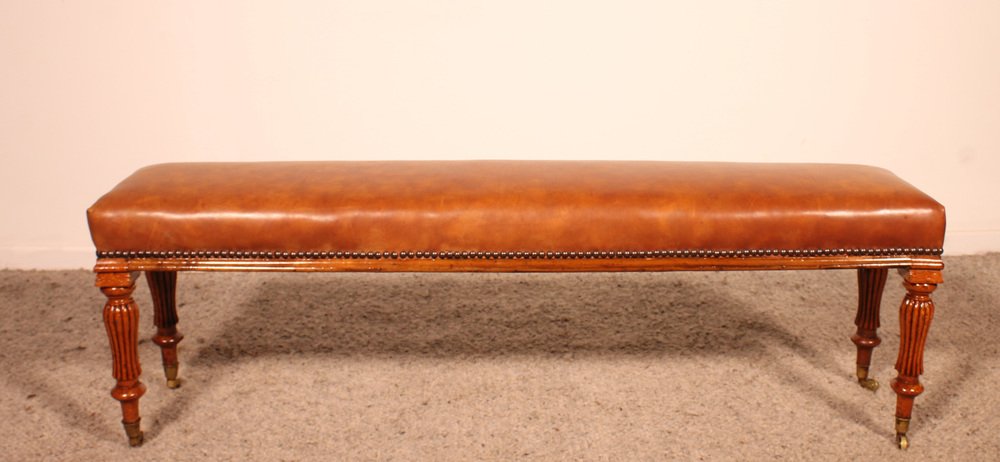 Walnut and Leather Bench, 1800s for sale at Pamono
