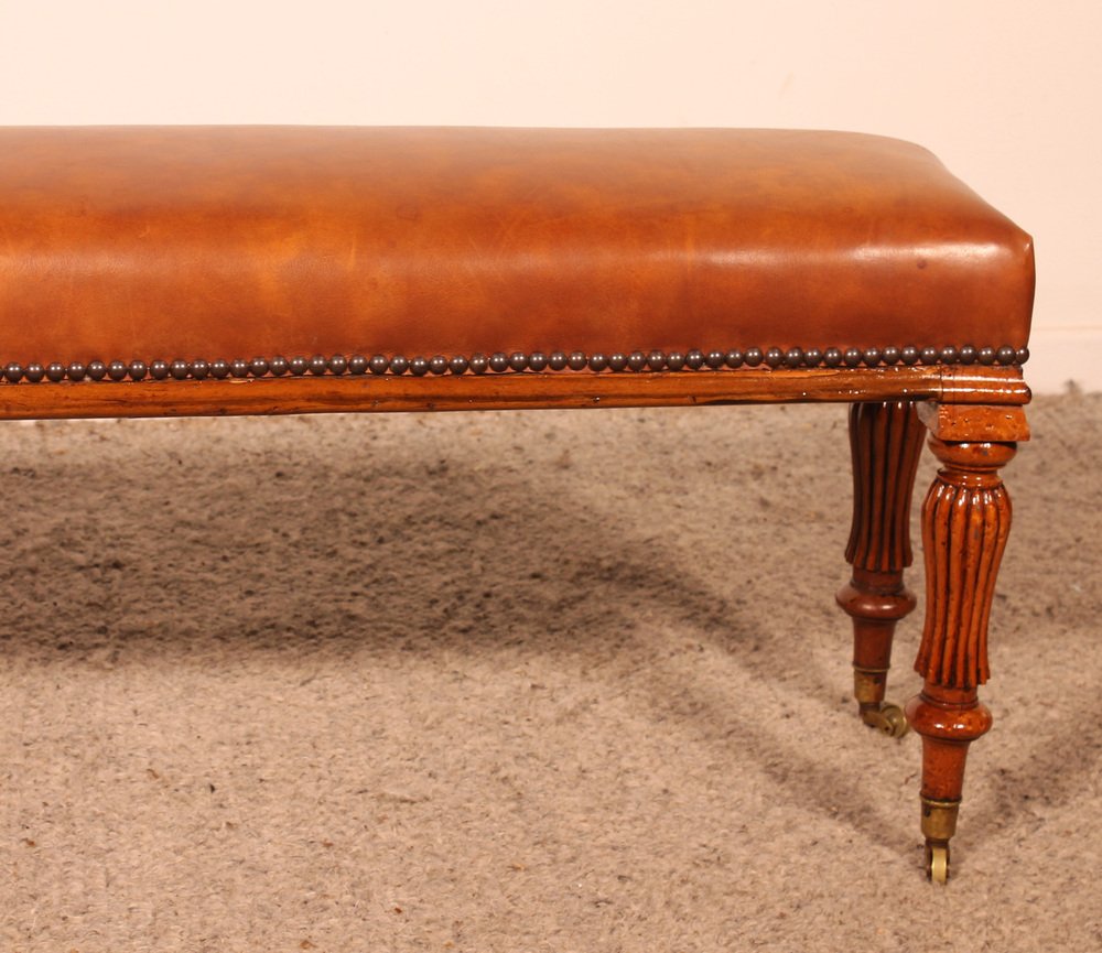 Walnut and Leather Bench, 1800s for sale at Pamono