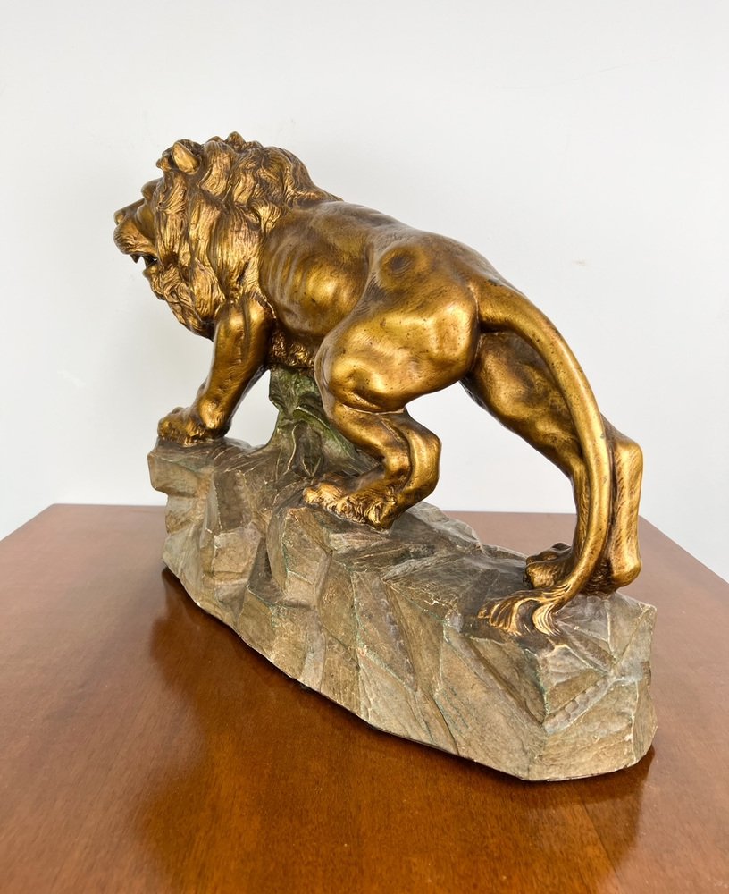Large Brass-Colored Lion Statue, Early 1900s for sale at Pamono