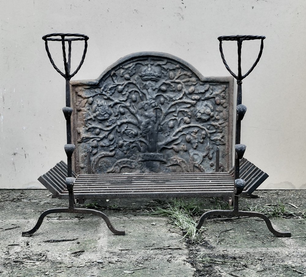 Large 18th Century Heavy Iron Fire Back, Andirons and Grate, Set of 4 ...