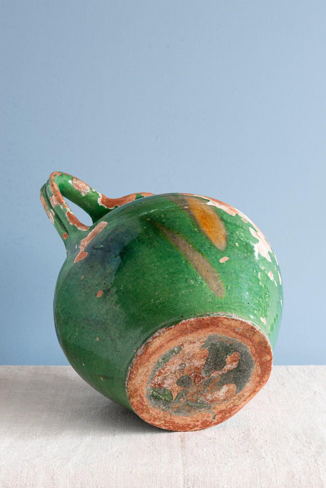 French Double Handle Glazed Green Jug, 19th Century for sale at Pamono