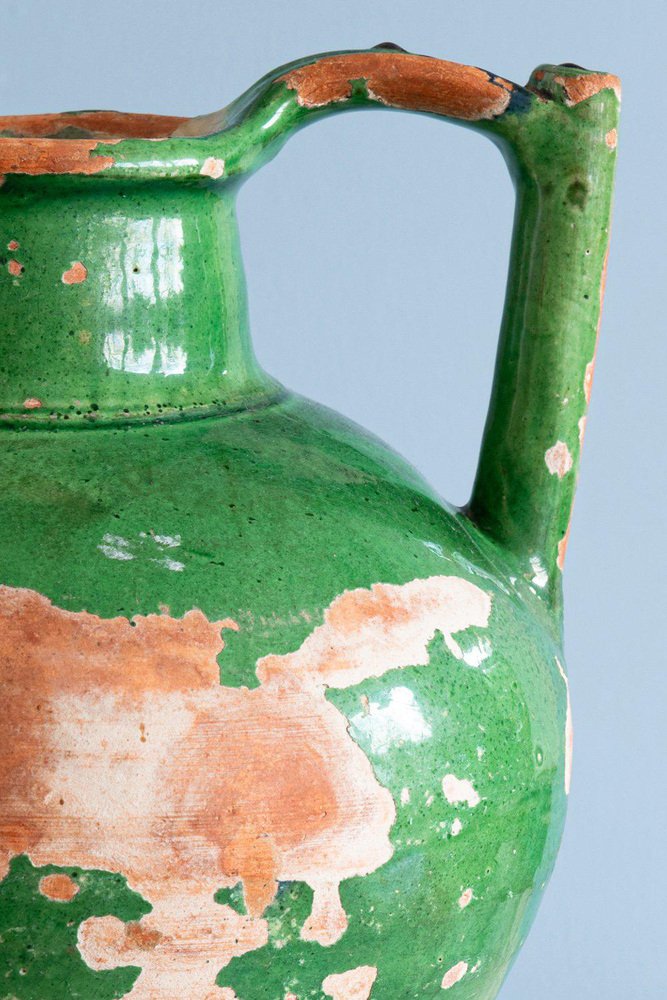 French Double Handle Glazed Green Jug, 19th Century for sale at Pamono