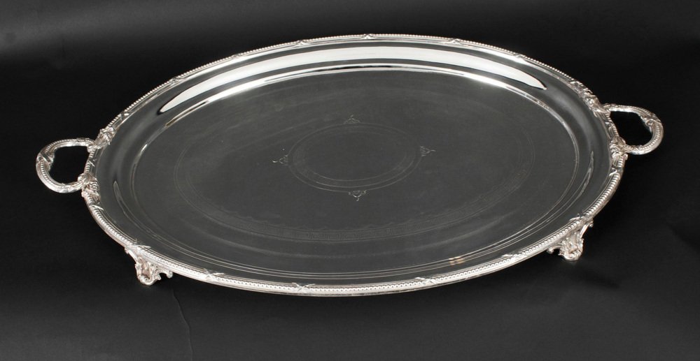 Large Antique German Oval Silver Plated Tray for sale at Pamono