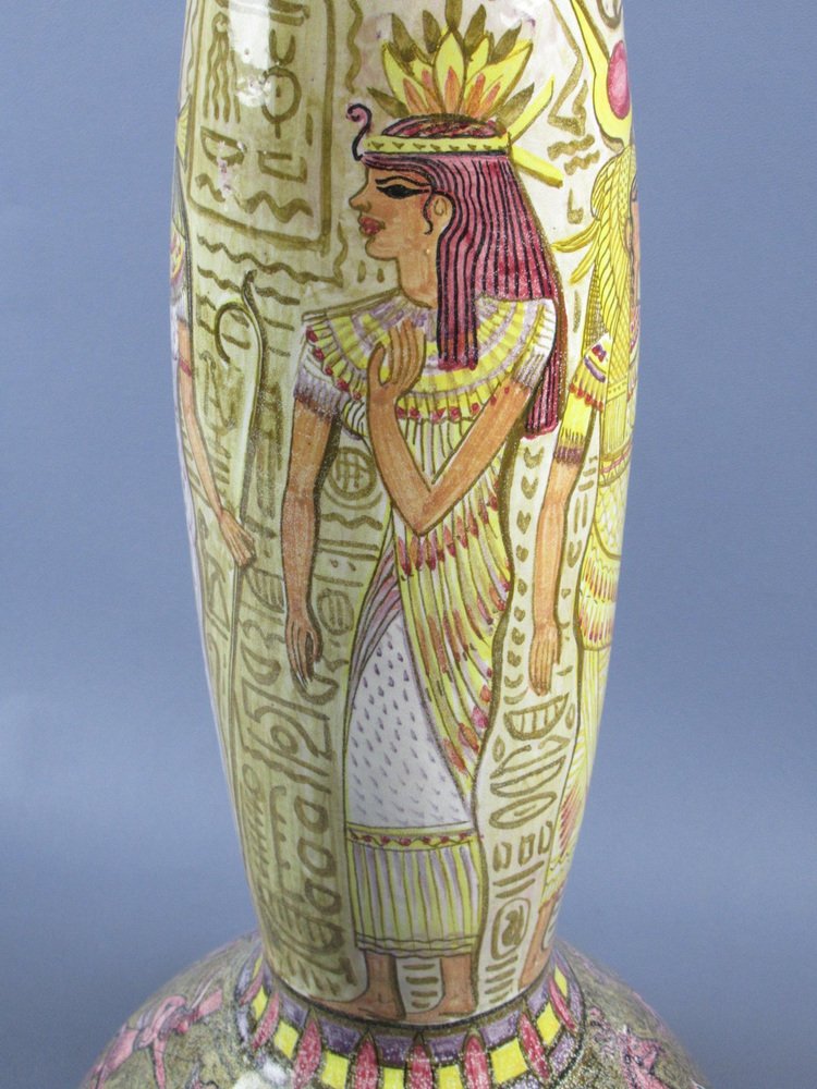 Column Totem Vase in Terracotta Majolica with Hand-Painted Egyptian ...