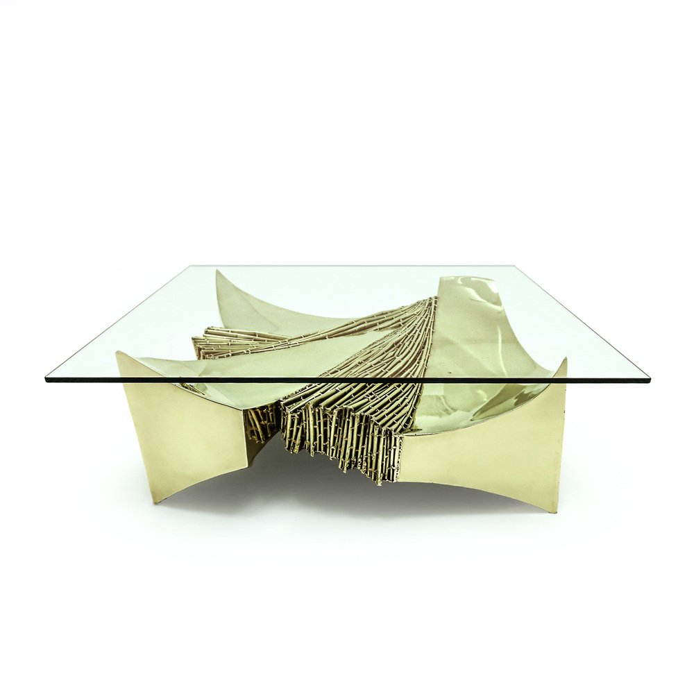 Vintage Brutalist Polished Brass Coffee Table with Glass Top by Claude ...