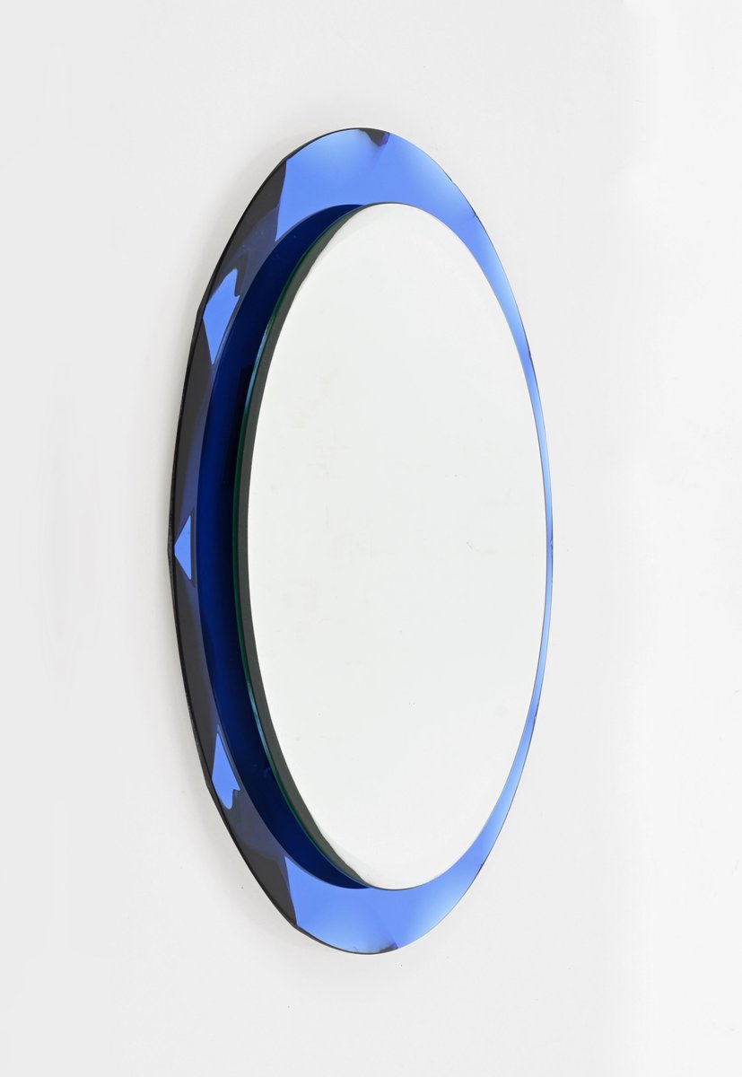 Mid-Century Round Blue Diamond Double Beveled Mirror attributed to ...