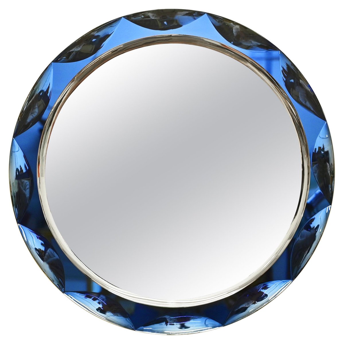 Mid-Century Round Blue Diamond Double Beveled Mirror attributed to ...