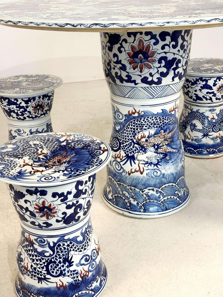 Vintage Chinese Ceramic Dining Table and Stools, Set of 5 for sale at ...