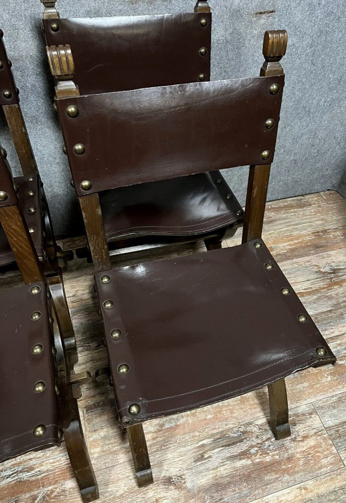 19th Century Medieval Chairs in Wood and Leather, Set of 6 for sale at ...