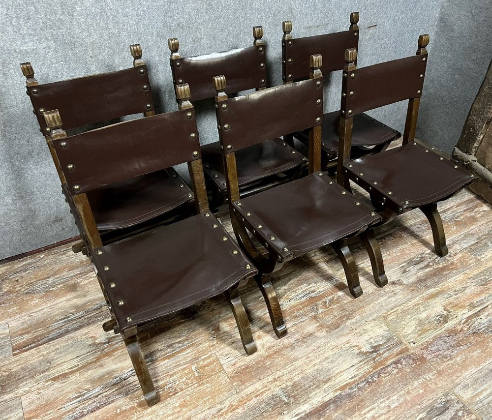 19th Century Medieval Chairs in Wood and Leather, Set of 6 for sale at ...