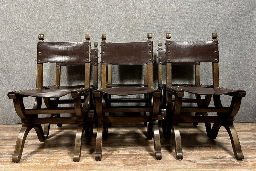 19th Century Medieval Chairs in Wood and Leather, Set of 6 for sale at ...