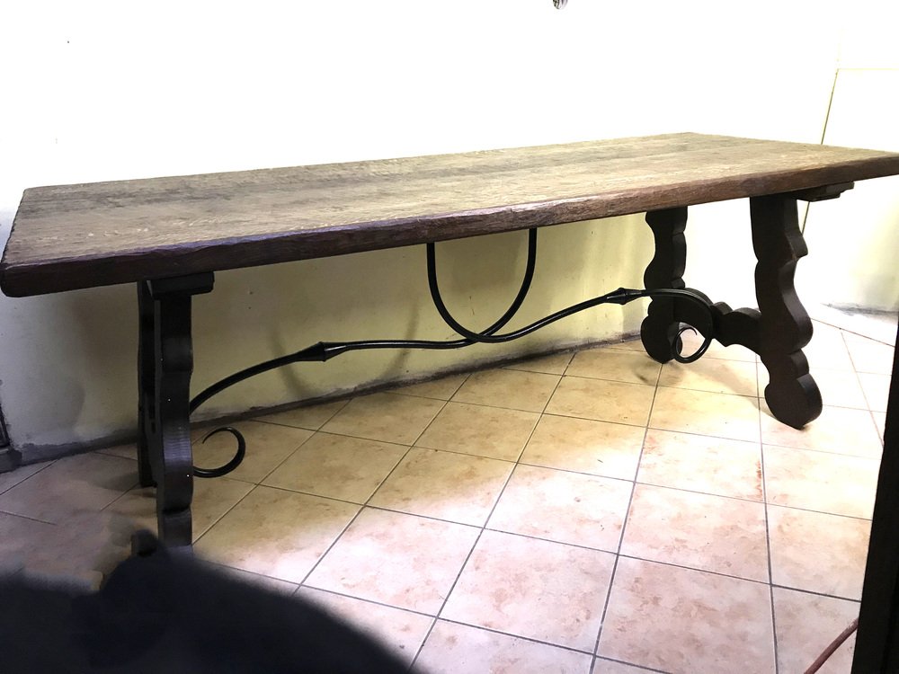 Large Spanish Dining Table in Oak with Forged Metal Supports, 1940s for sale at Pamono