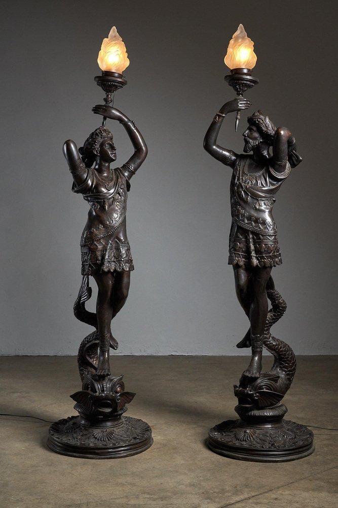 Large Sculptural Male and Female Lamps in Bronze, 1920s, Set of 2 for ...